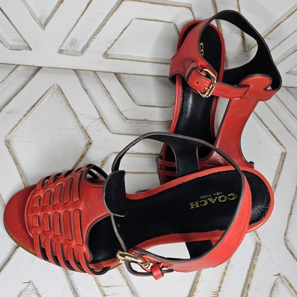 Coach | Shoes | Coach Red Strapy Wooden High Heels Sandals | Poshmark